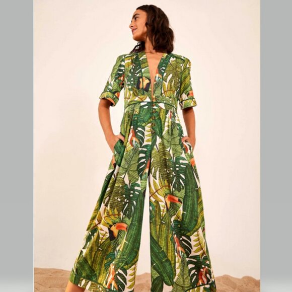 FARM Rio | Pants & Jumpsuits | Farm Rio Paradise Forest Jumpsuit Wide ...